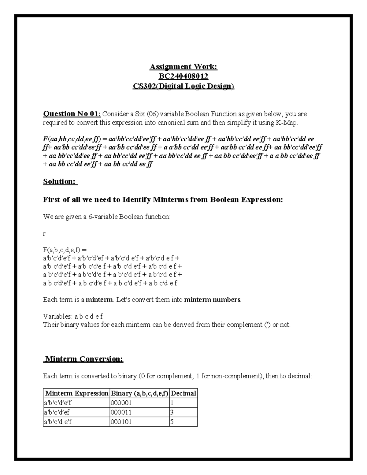 BC240408012 CS302 Assignment: Boolean Function Simplification - Studocu