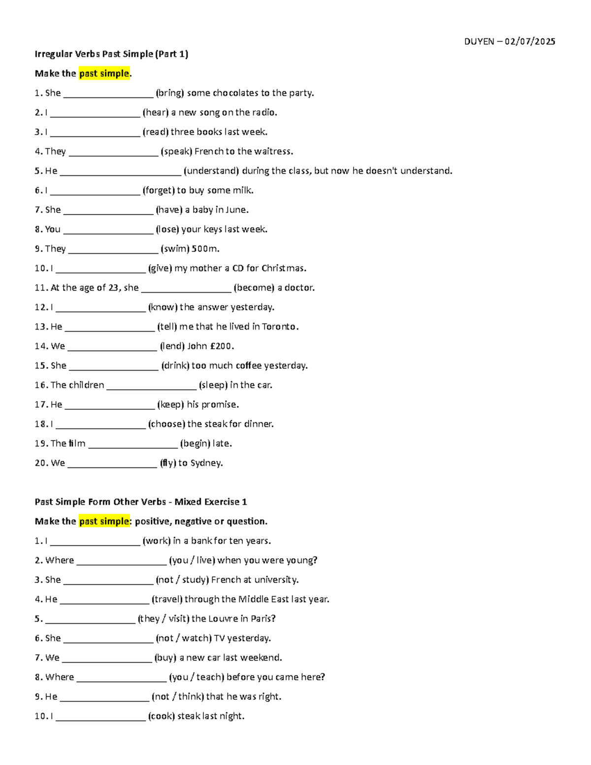 DUYEN HW - Irregular Verbs Past Simple Exercises (Part 1) - Studocu