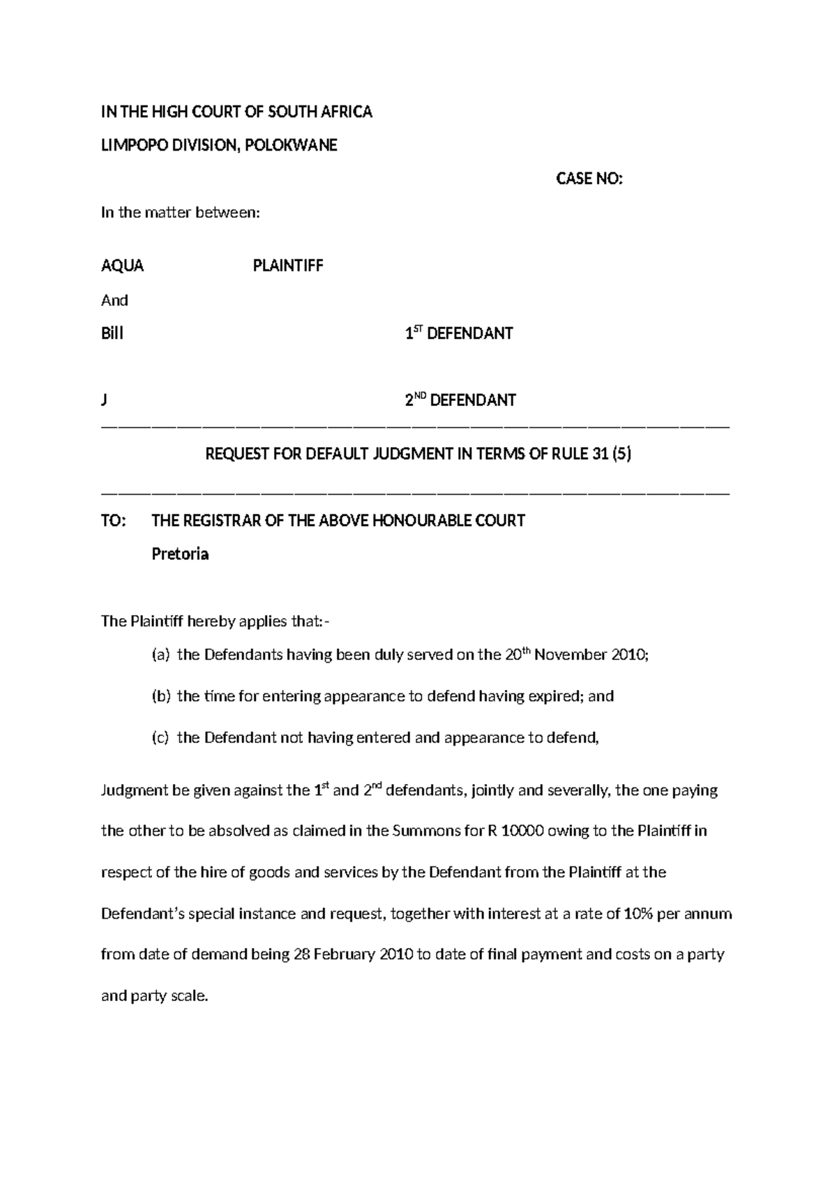 Request for Default Judgment - High Court Case No. [Insert Case No.] - Studocu