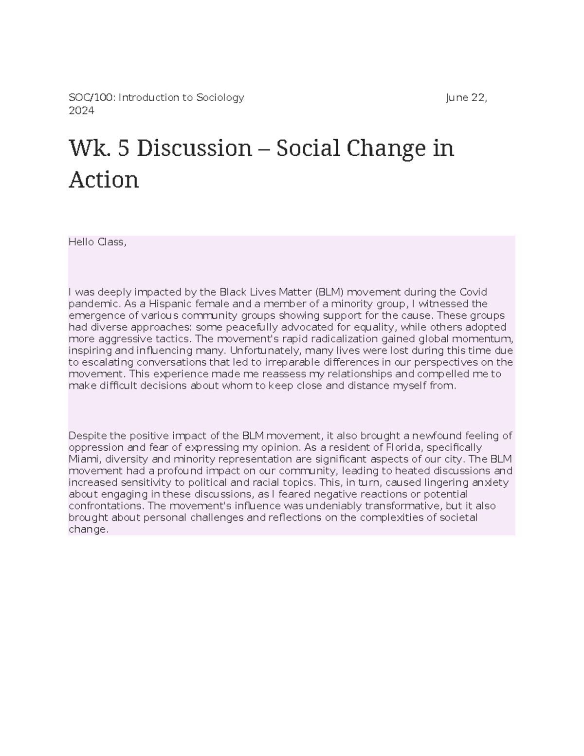 SOC:100 Wk. 5 Discussion – Impact of Social Change Movements - Studocu