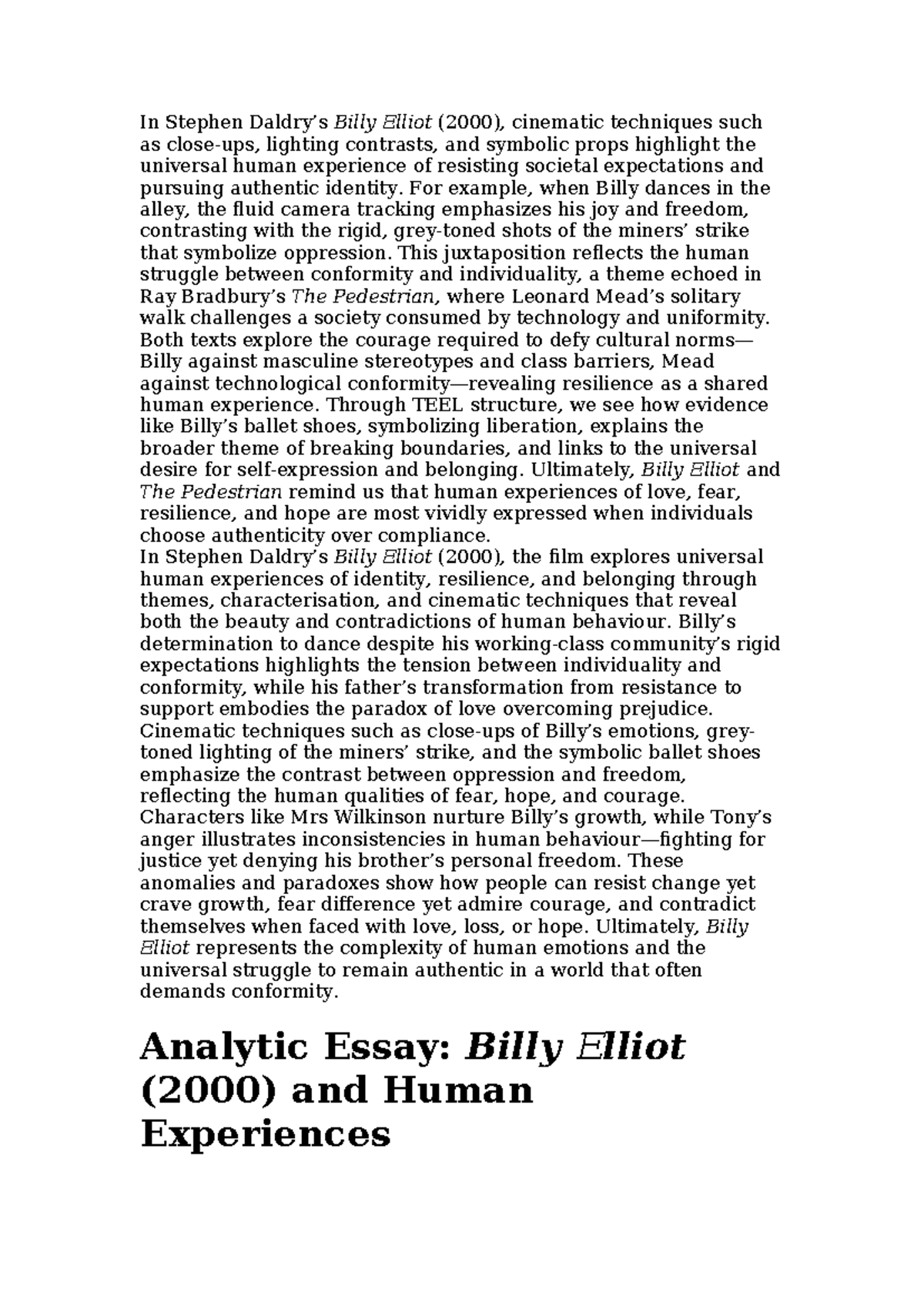 Analytic Essay: Billy Elliot & Human Experiences (BUS 101) - Studocu