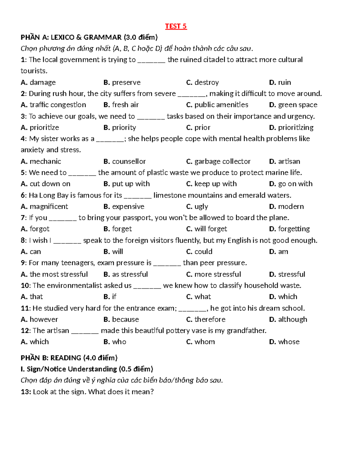 Đề Thi Thử Vào 10 Ninh Bình Môn Anh: TEST 5 - LEXICO GRAMMAR & READING ...