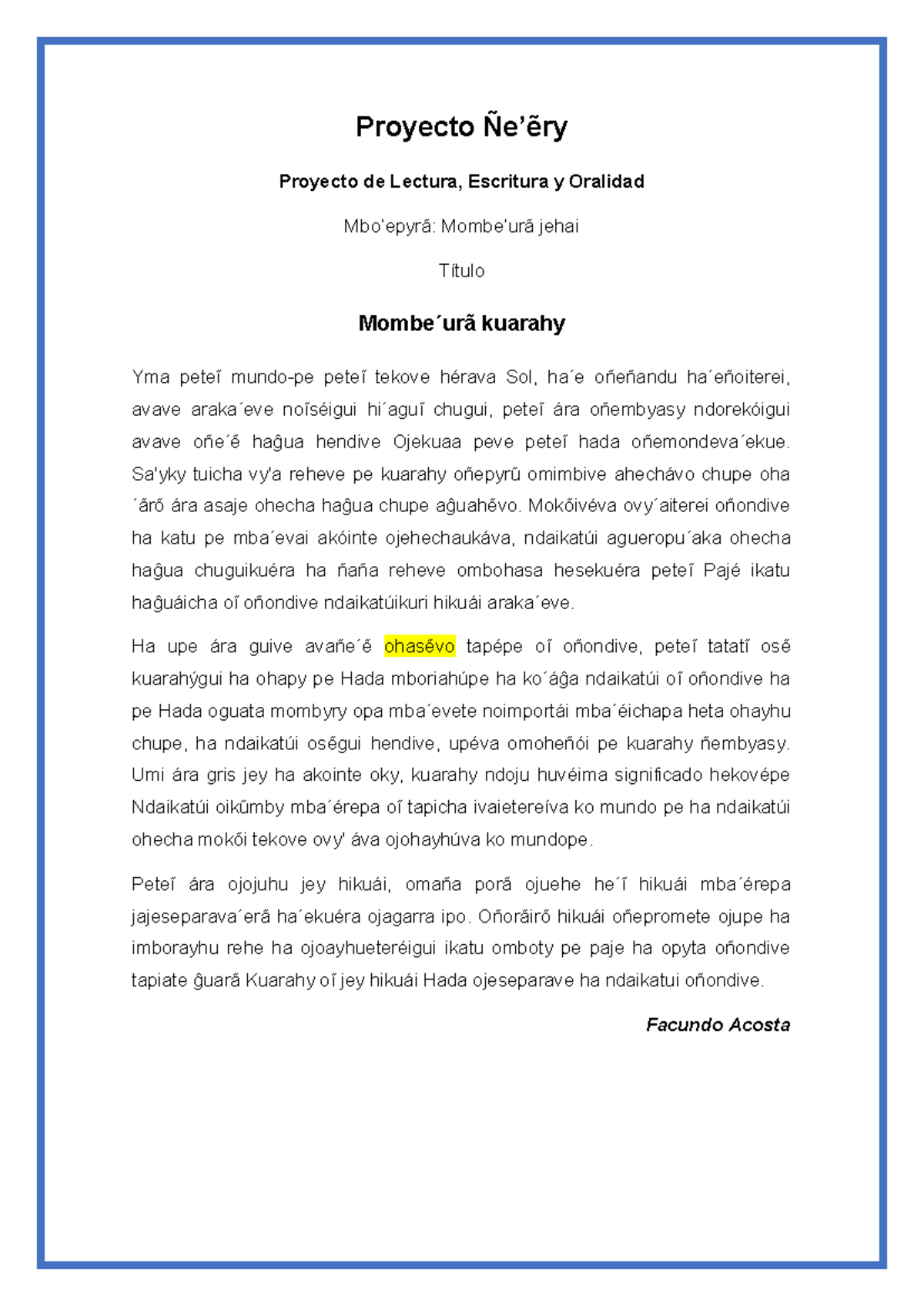 Mombe'urã Kuarahy: Recopilación de Textos en Guaraní - Proy Ñe’ẽry ...