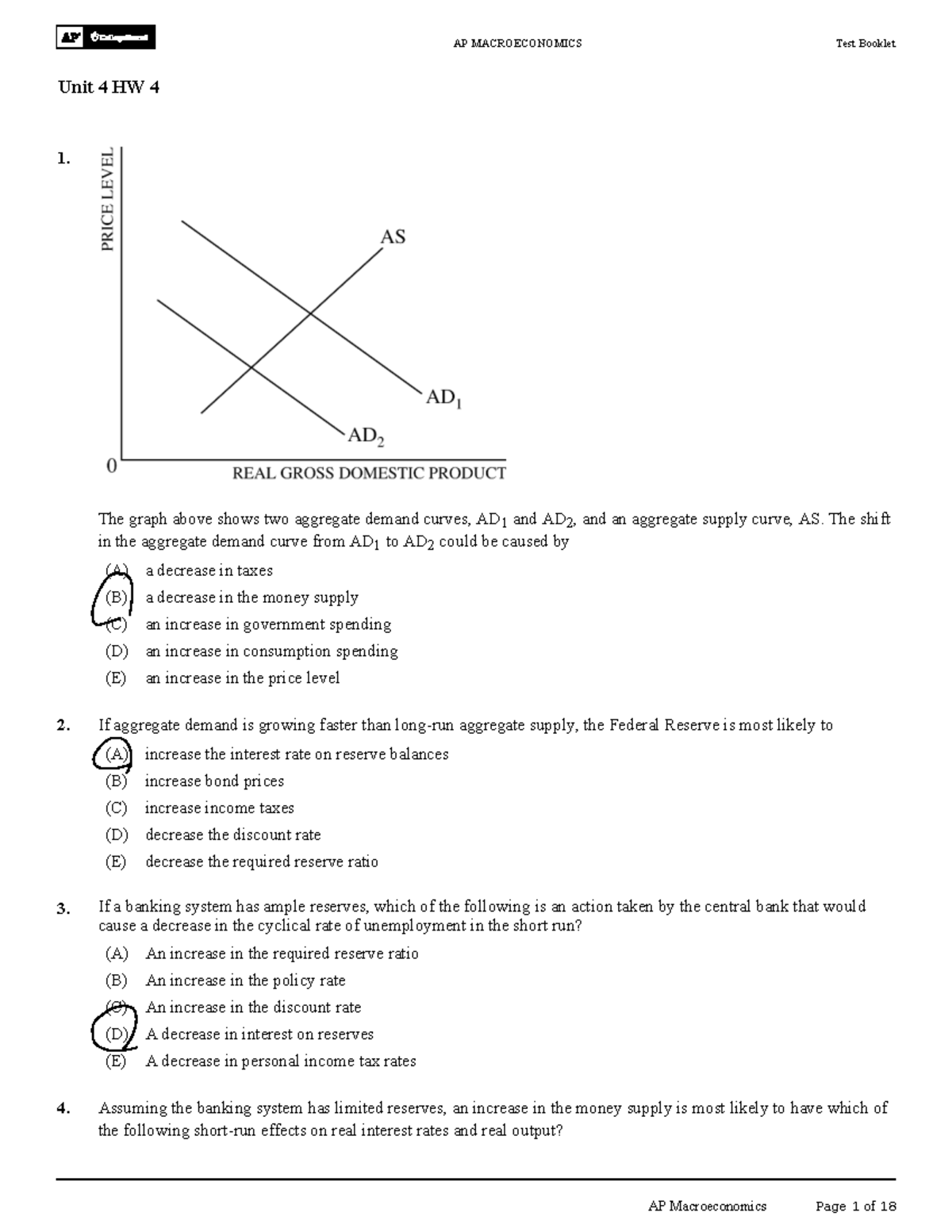 AP MACROECONOMICS Unit 4 Test Booklet Homework 4 Analysis and Solutions ...