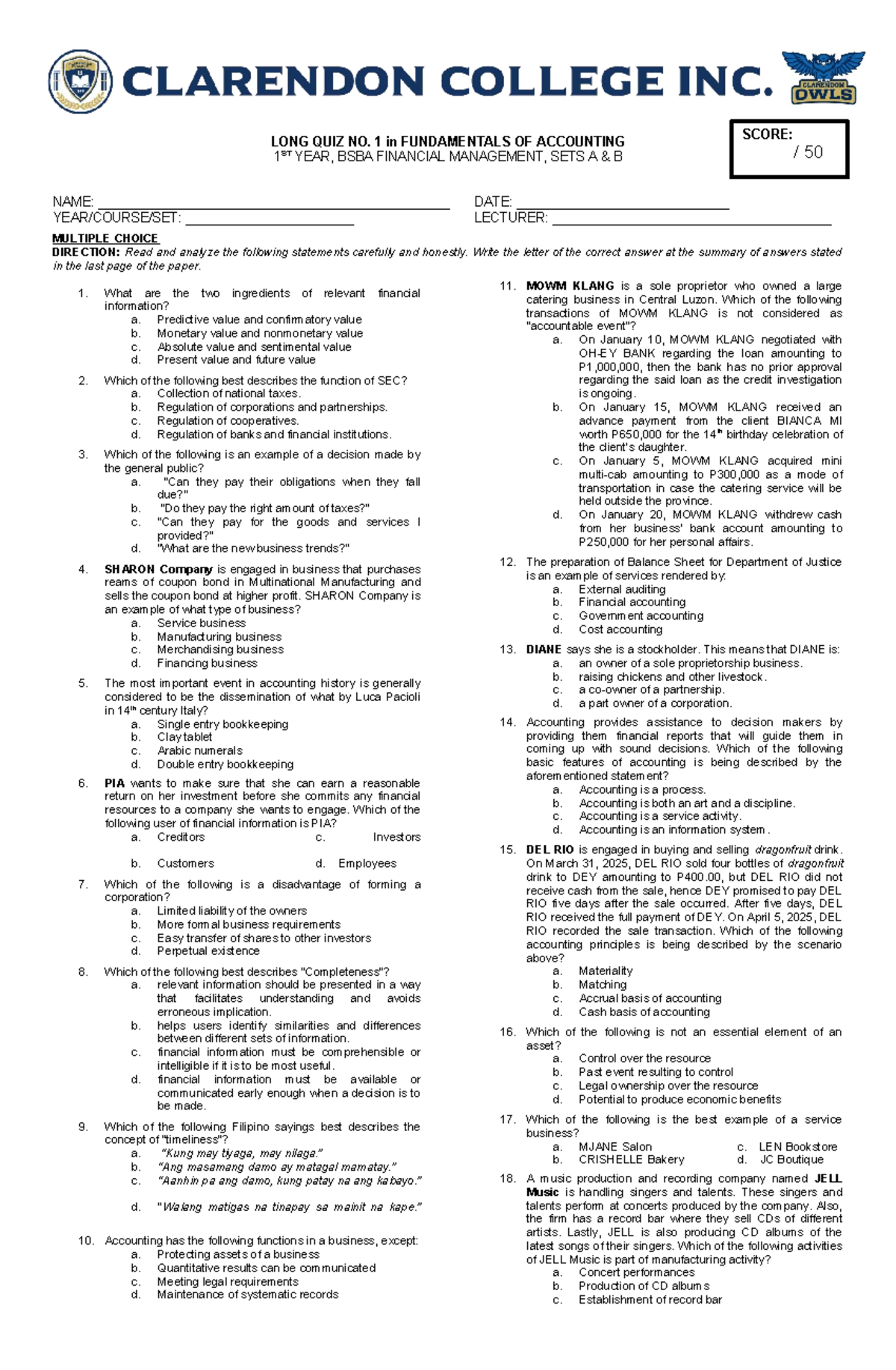Long Quiz 1: Fundamentals of Accounting for 1st Year BSBA FM - Studocu