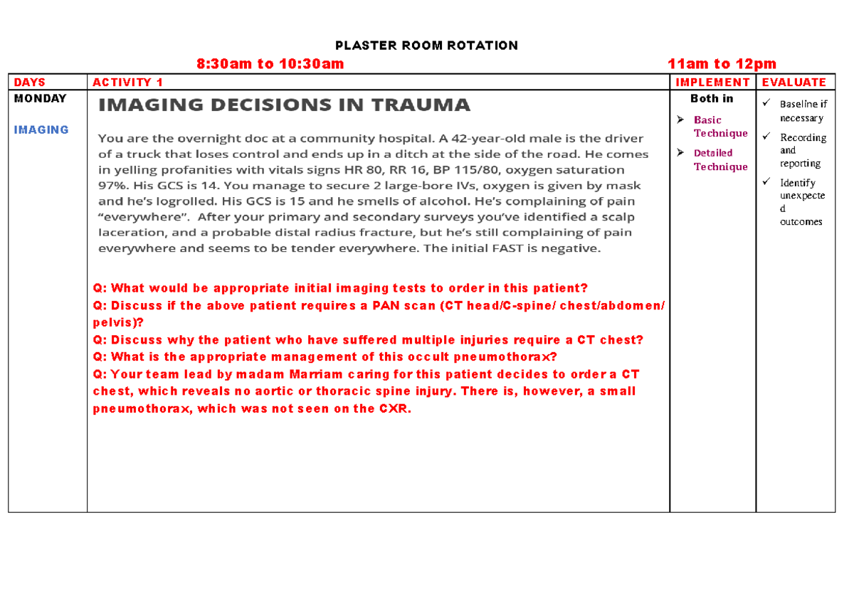 Plaster Rooms - Read - 8:30am to 10:30am 11am to 12pm DAYS ACTIVITY 1 ...