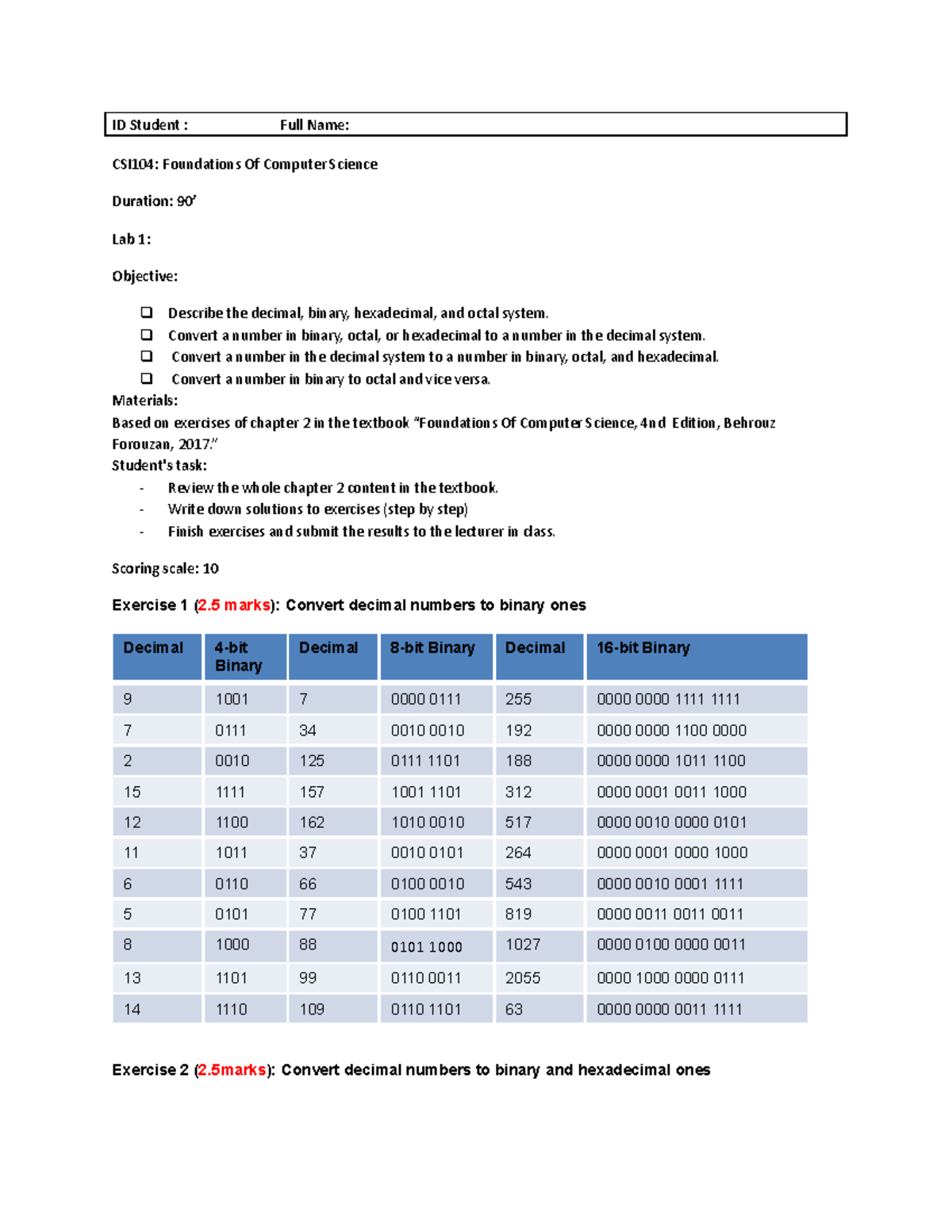 LAB1 - ID Student : Full Name: CSI104: Foundations Of Computer Science Duration: 90’ Lab 1 ...