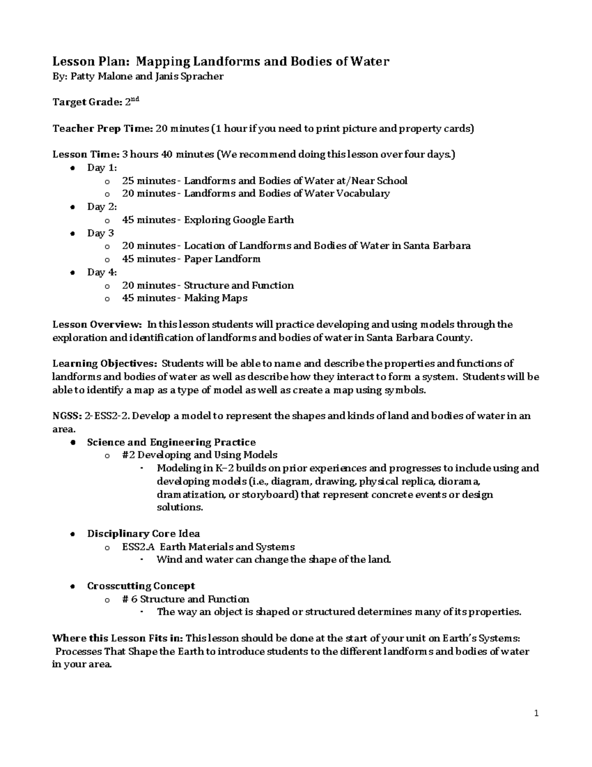 Mapping Landforms and Bodies of Water Lesson Plan (Grade 2) - Studocu