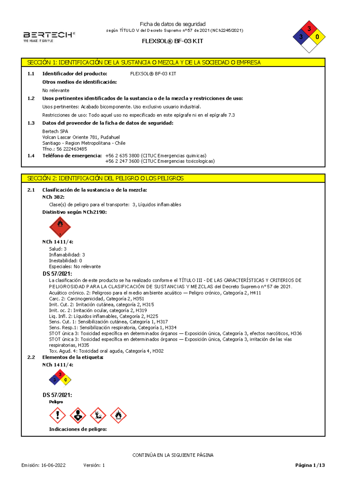 Ficha de Seguridad FLEXSOL® BF-03 KIT: Identificación y Peligros - Studocu