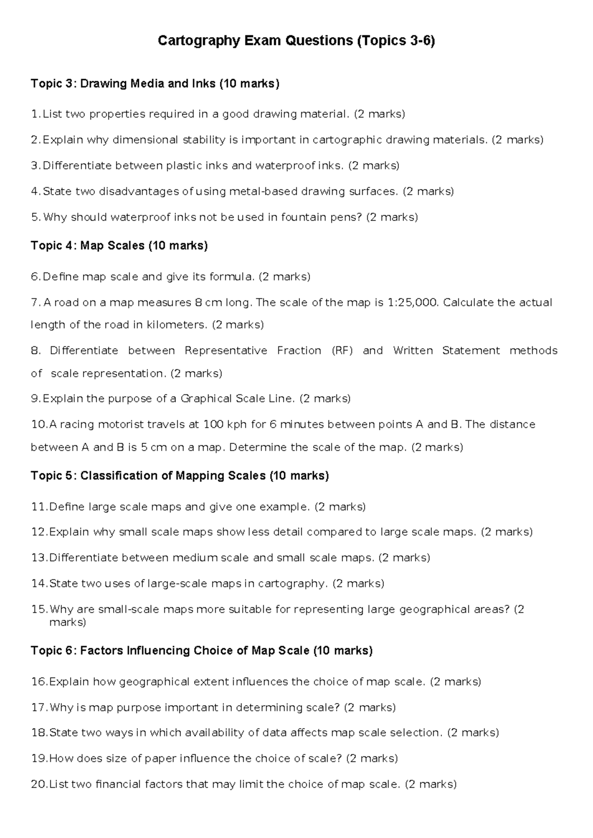 Cartography Exam Questions: Drawing Media, Map Scales & Factors - Studocu