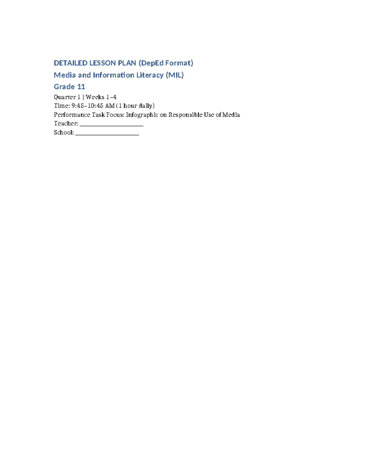 MIL Detailed Lesson Plan: Media and Information Literacy (Grade 11 ...