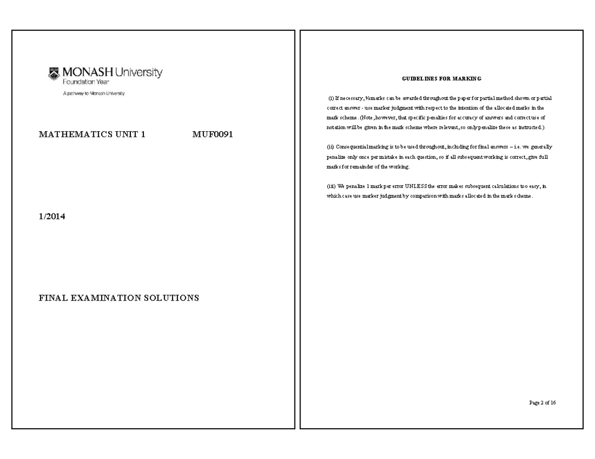 MUF0091 Final Exam Solutions for Mathematics Unit 1 - Studocu