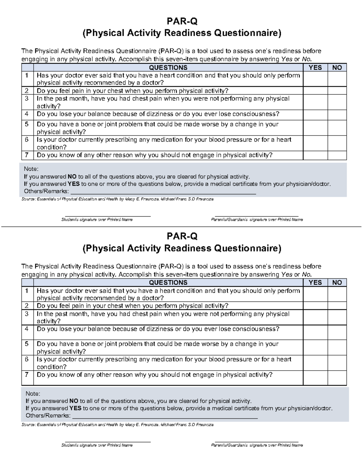 PAR-Q: Physical Activity Readiness Questionnaire for Health Assessment ...