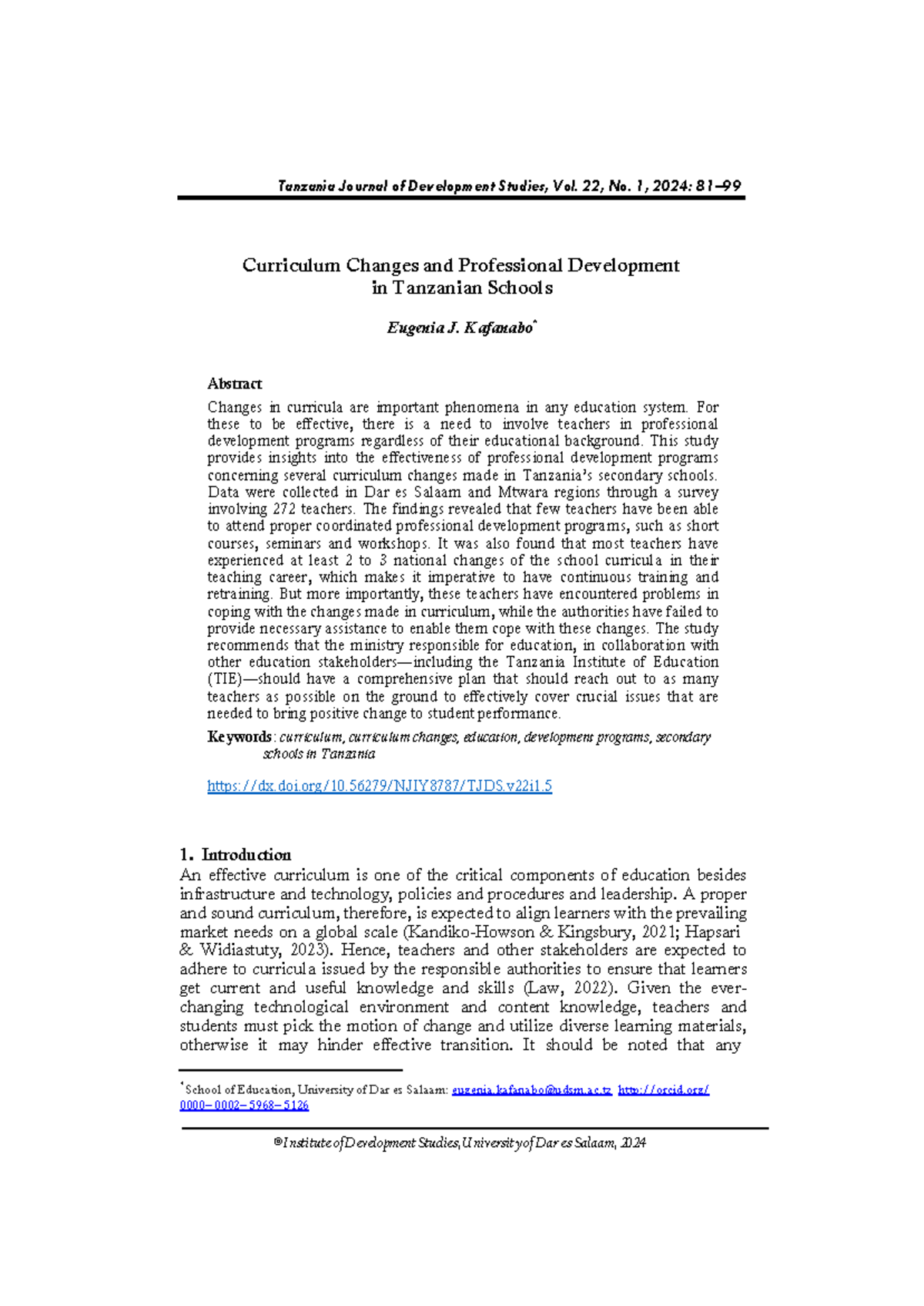 Curriculum Changes and Teacher Development in Tanzanian Schools (TJDS ...