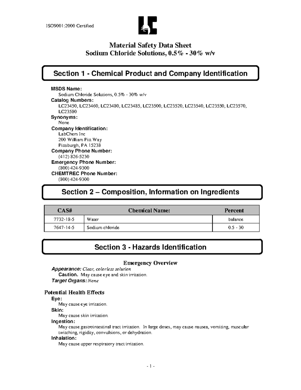 Labchem lc23460 msds - chemistry laboratory report - Material Safety ...