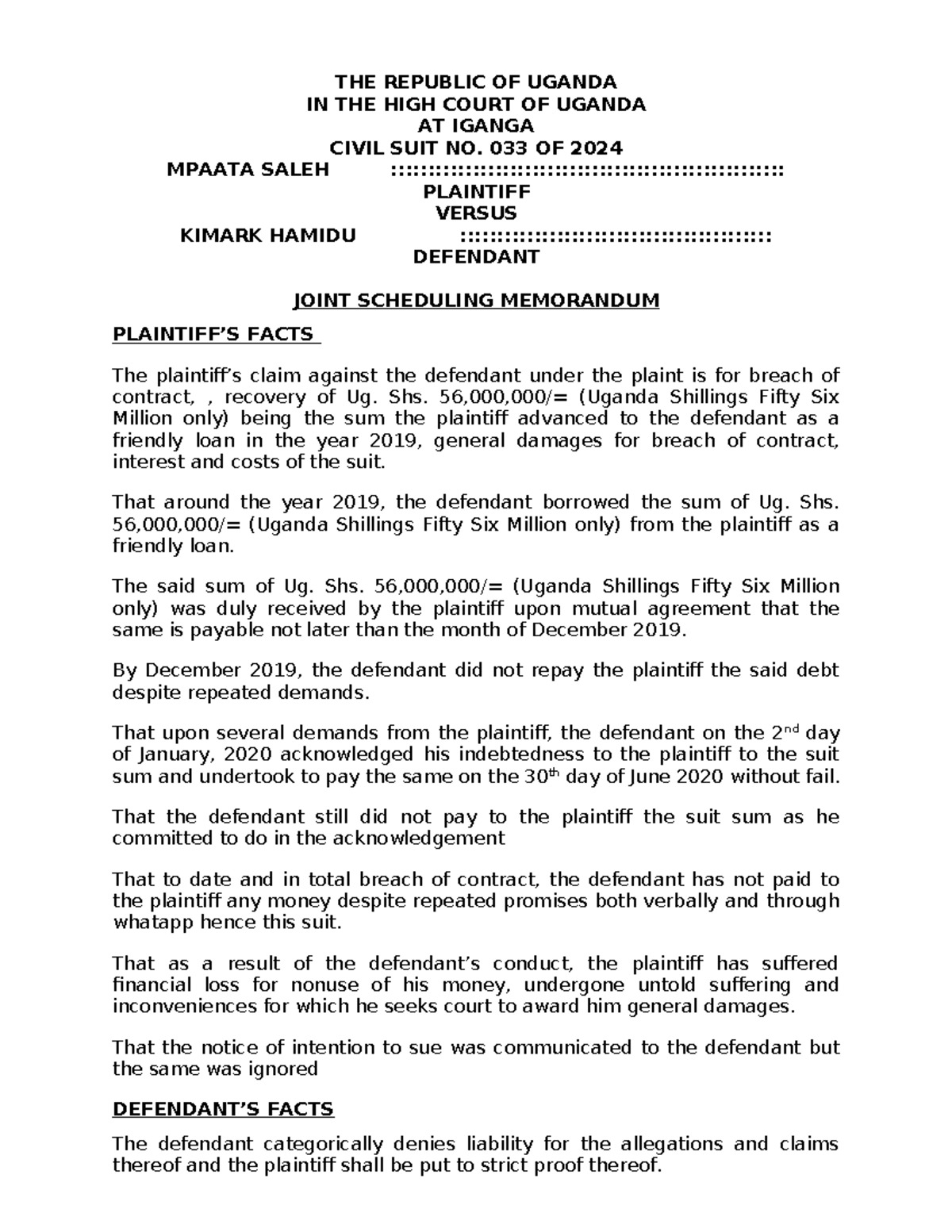 JSM- Mpaata Saleh vs. Kimark Hamidu: Joint Scheduling Memo - Studocu