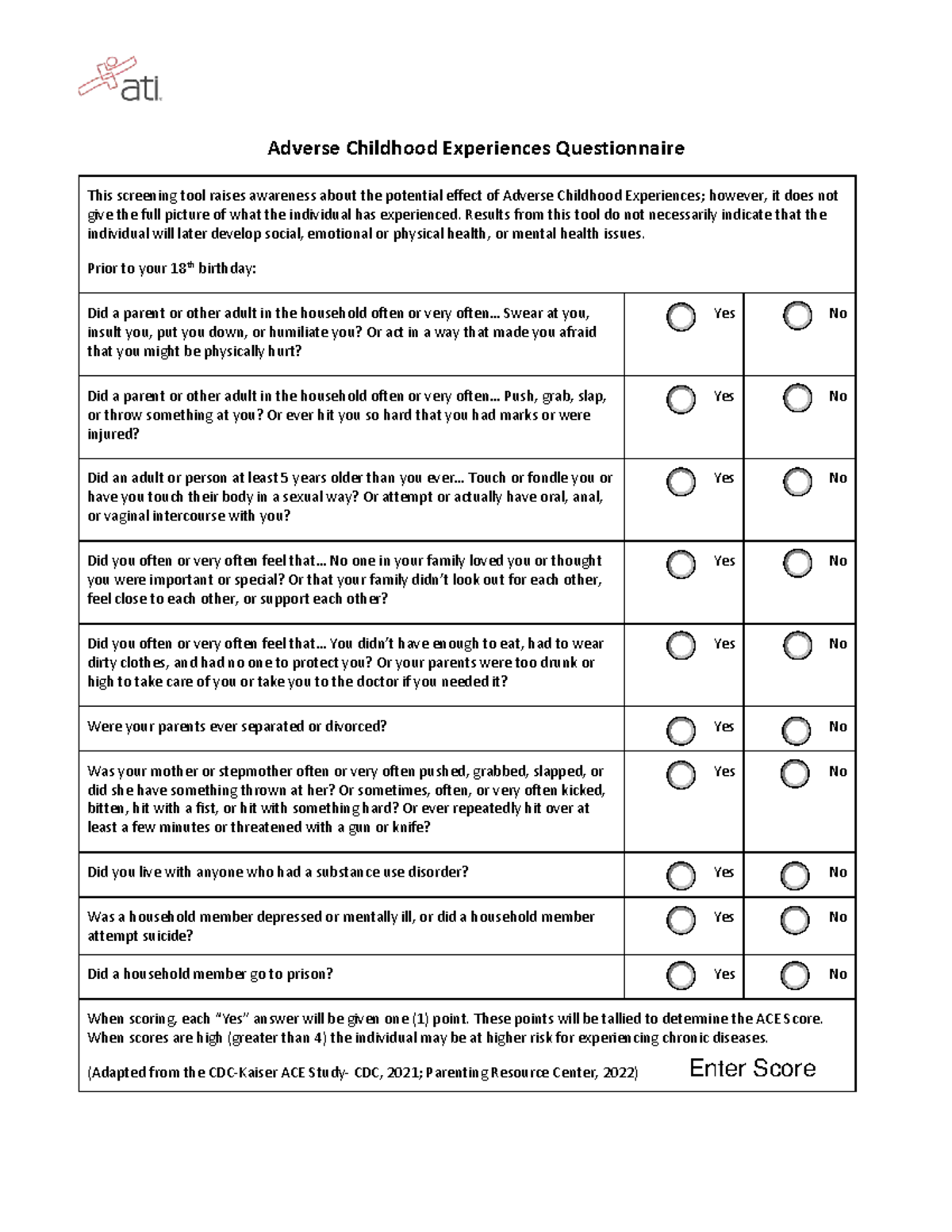 ACES Questionnaire: Understanding Adverse Childhood Experiences - Studocu