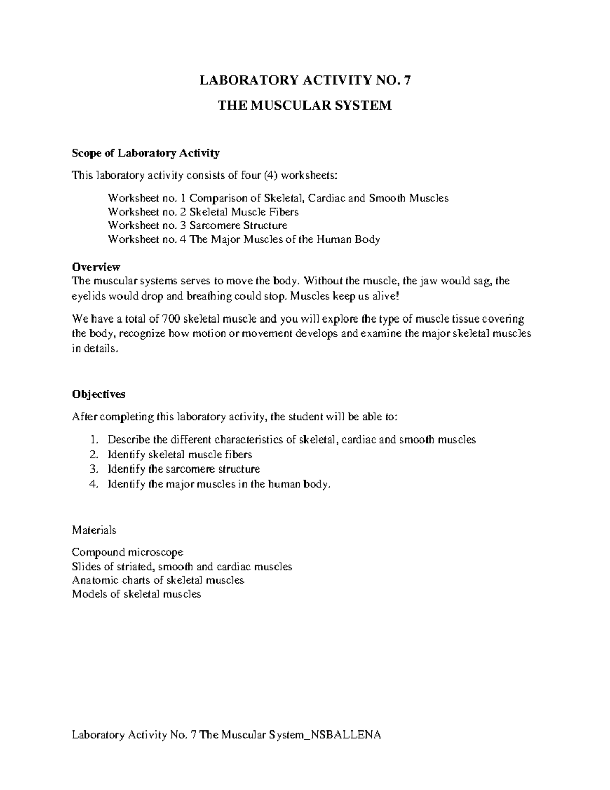 Muscular system - Worksheet - LABORATORY ACTIVITY NO. 7 THE MUSCULAR ...