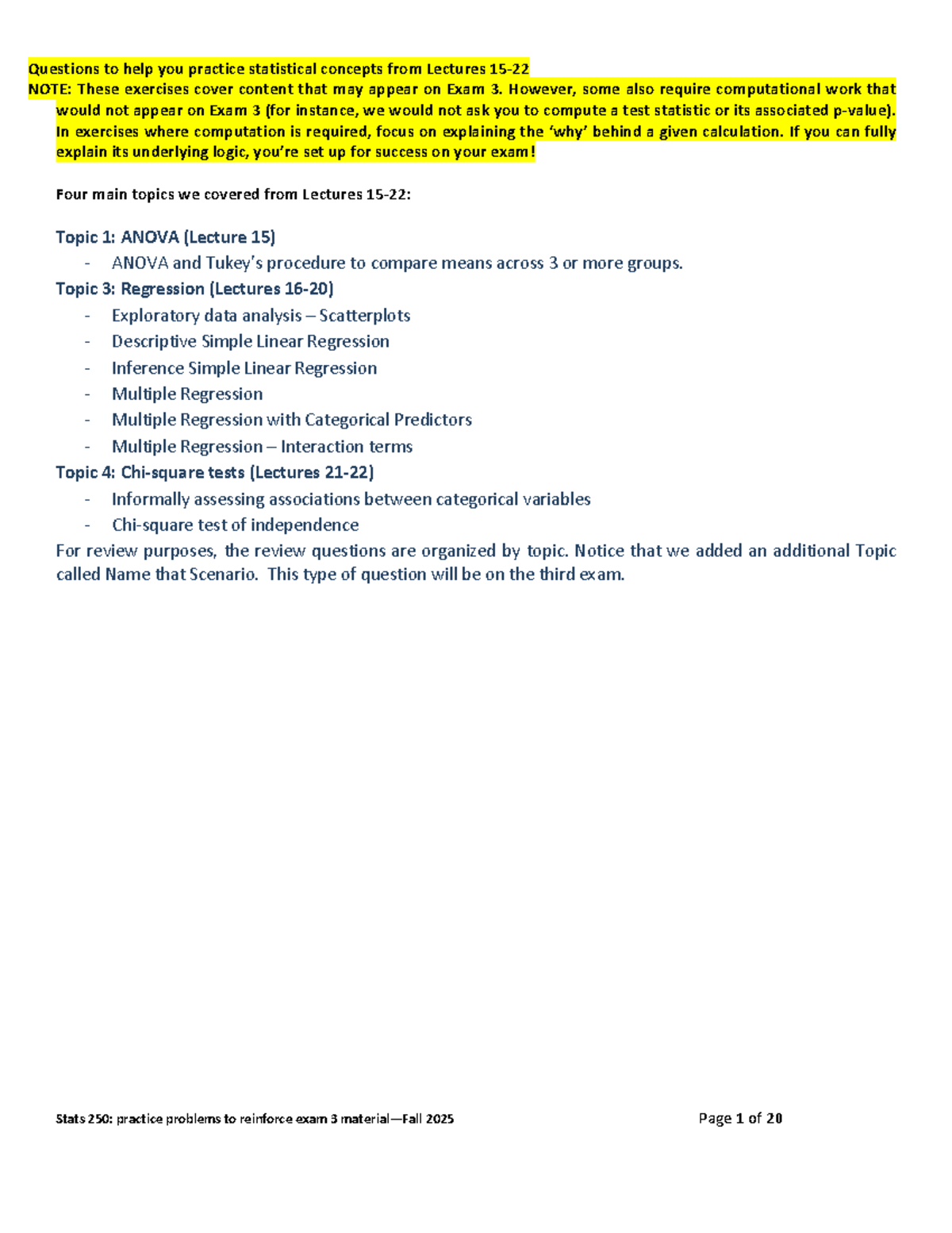 Stats 250: Practice Problems for Exam 3 - Fall 2025 - Studocu