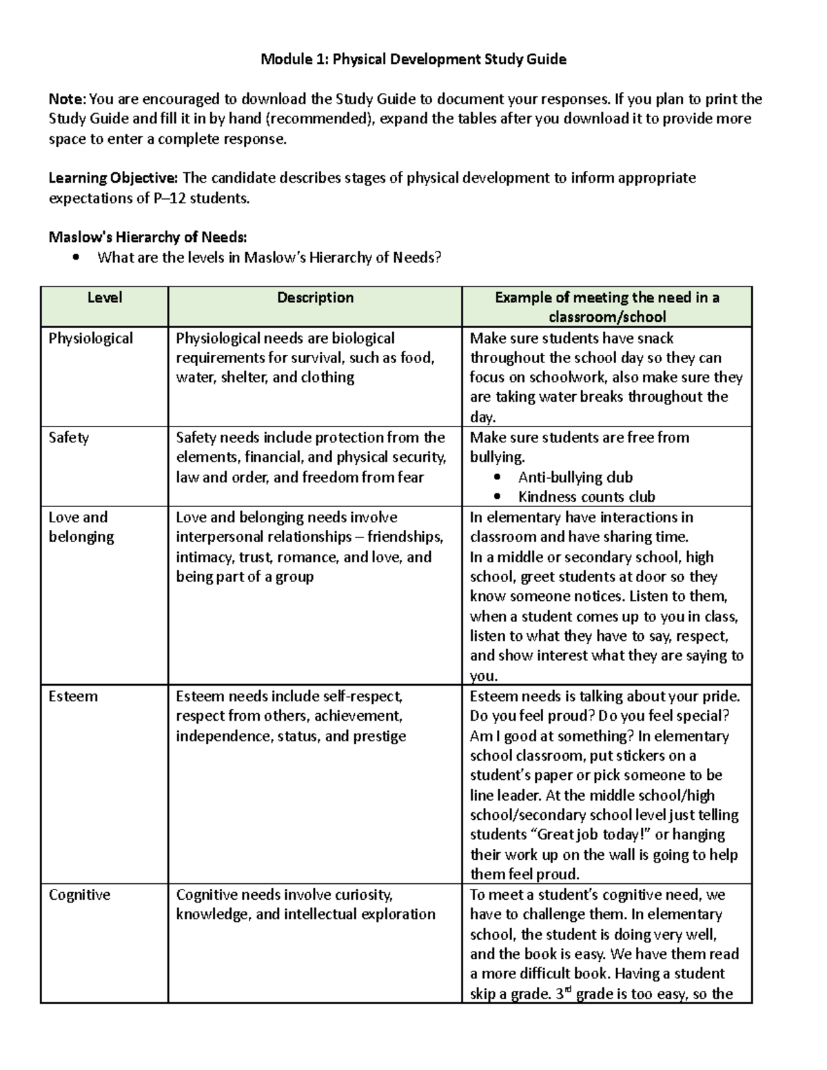 D094 D307 M1 Study Guide 1 - Module 1: Physical Development Study Guide ...