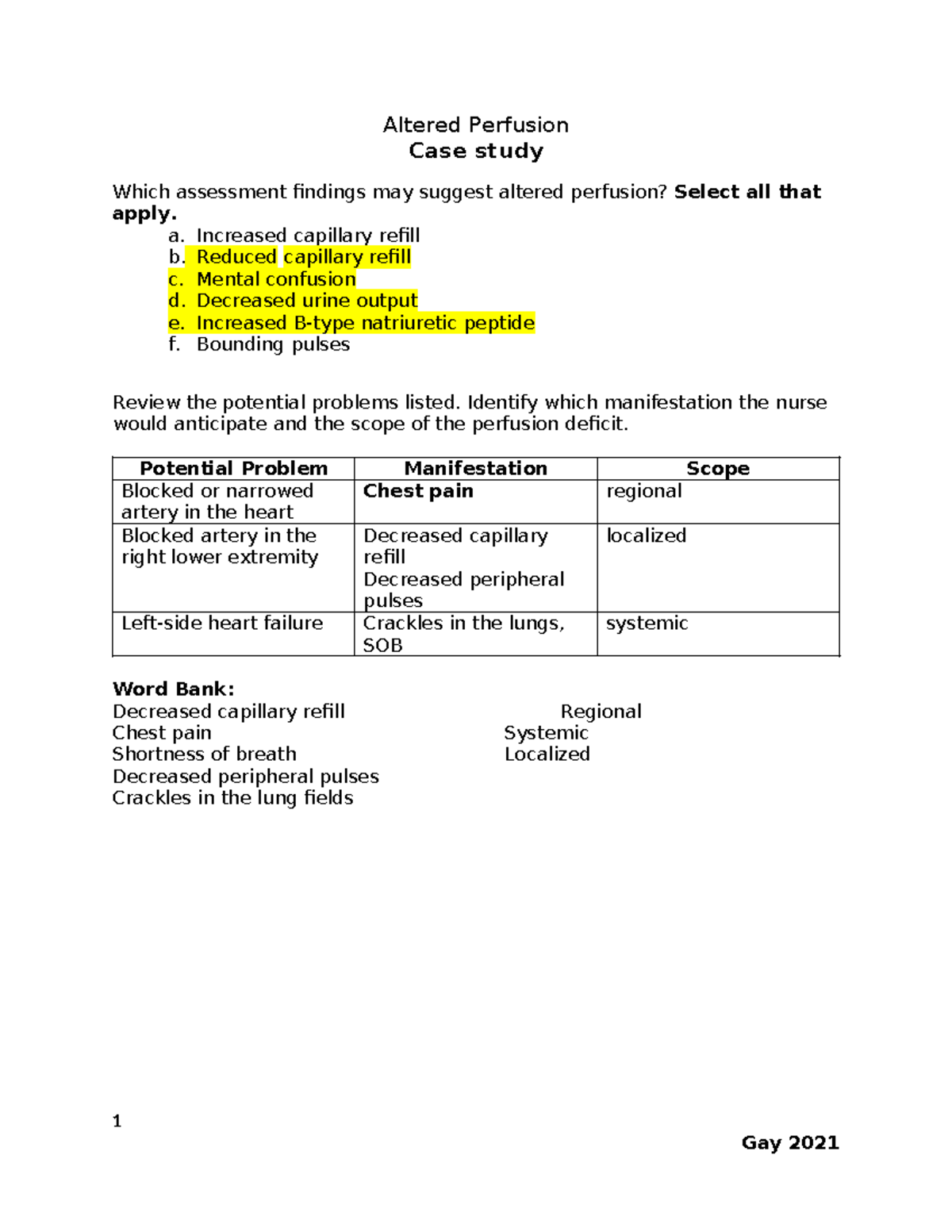 2021 Case Study on Altered Perfusion: Assessment & Interventions - Studocu