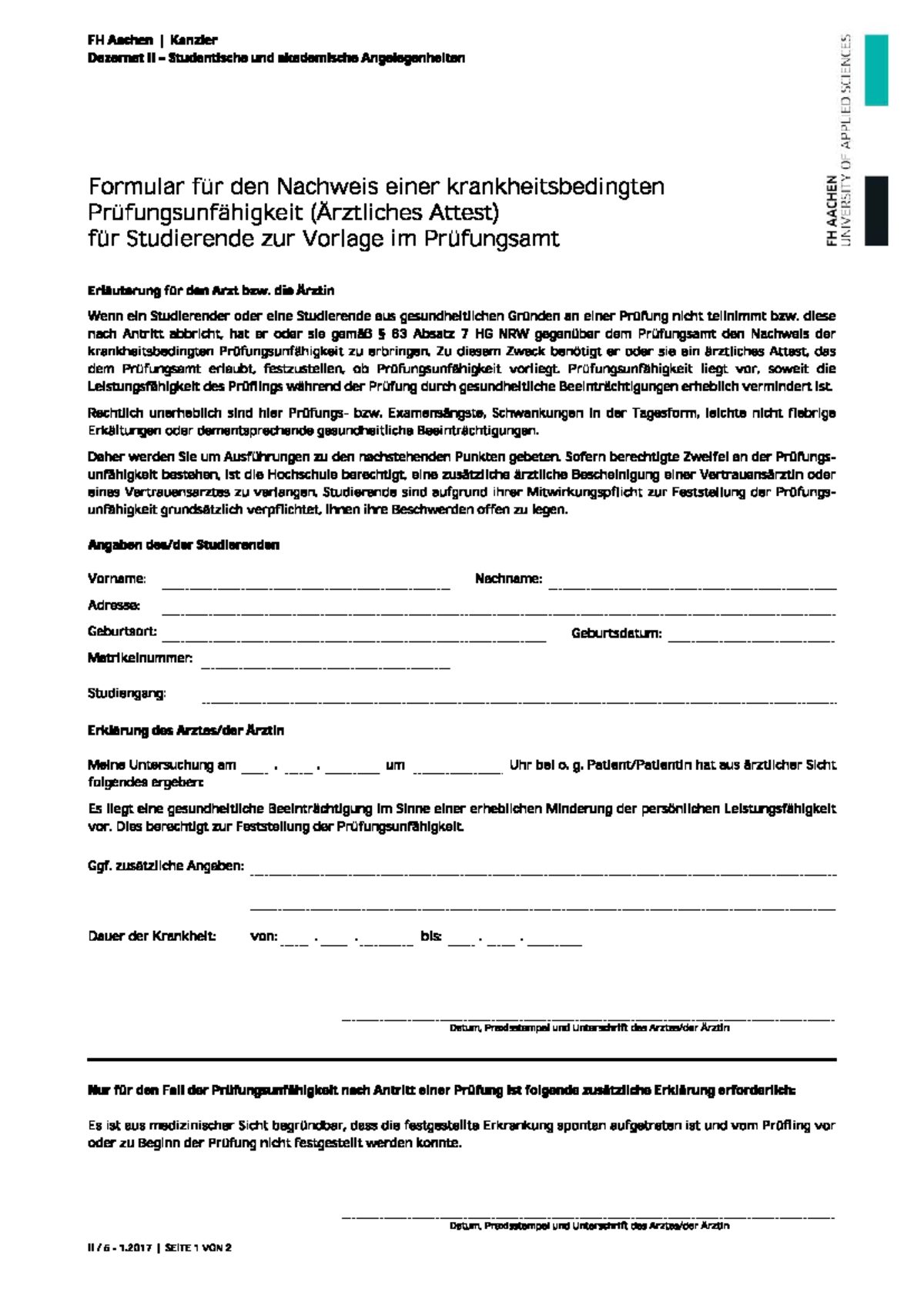 FH Aachen Formular für Nachweis der Prüfungsunfähigkeit (Ärztliches ...