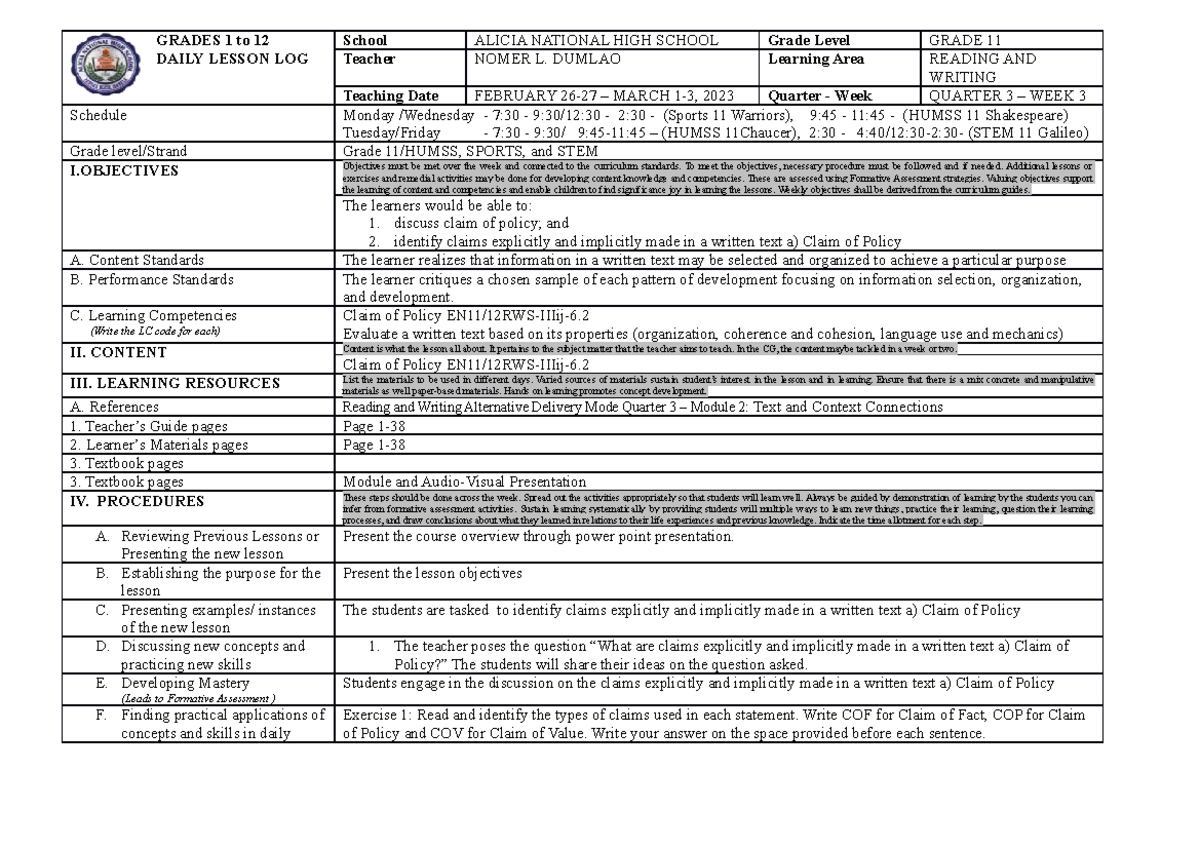 DLP IN Reading AND Writing 3 - GRADES 1 to 12 DAILY LESSON LOG School ...