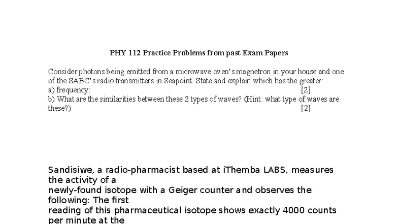 PHY 112 Exam Practice: Photon Frequencies & Isotope Activity Problems - Studocu