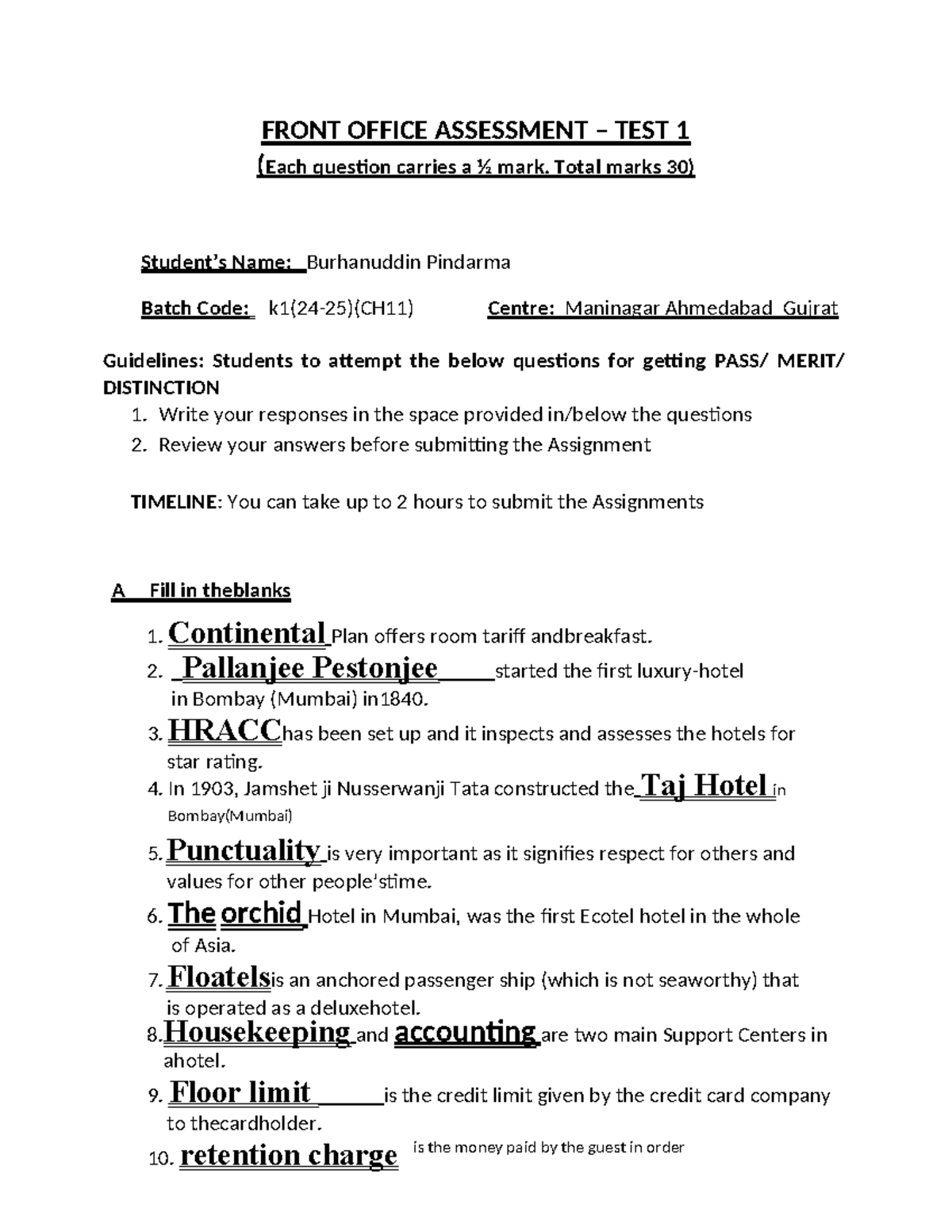 Front Office Assessment Test 1 - Burhanuddin Pindarma - Studocu