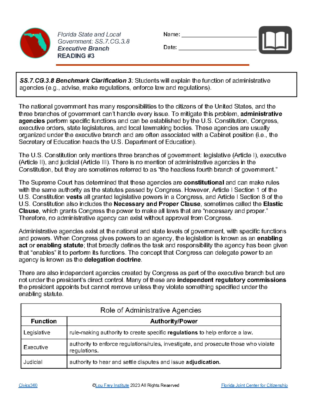 Understanding the Role of Administrative Agencies: SS.7.CG.3.8 Reading - Civics360 ©Lou Frey ...