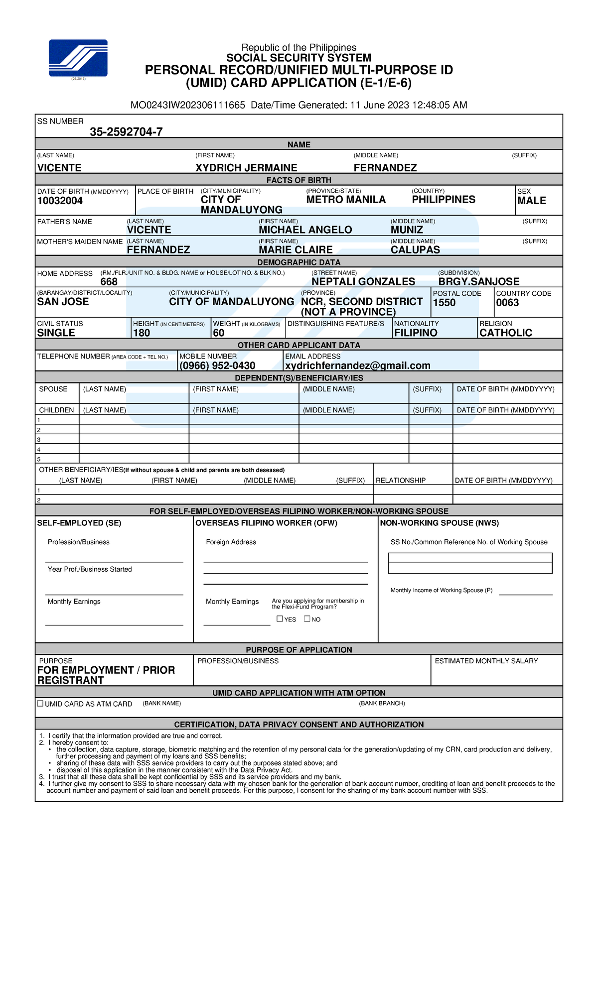 Personal Record/UMID Card Application - Vicente Xydrich Jermaine - Studocu