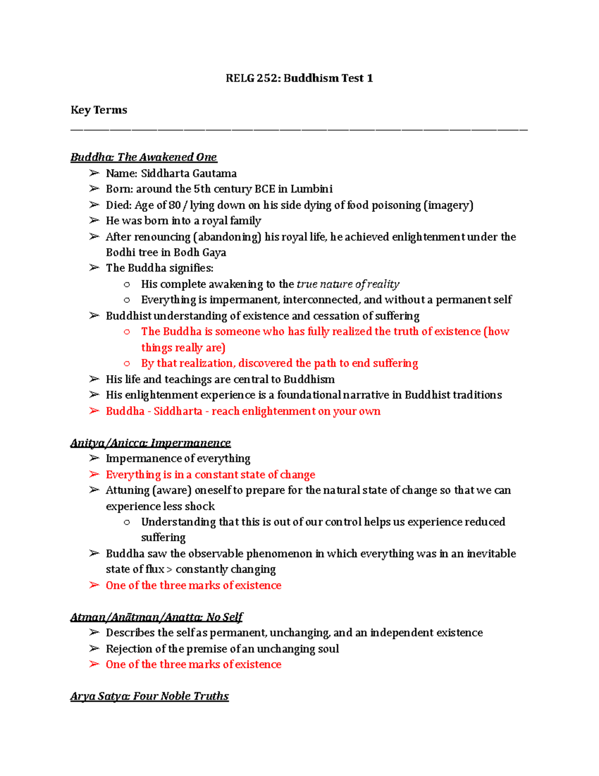 RELG 252: Buddhism Test 1 Key Terms and Concepts - Studocu