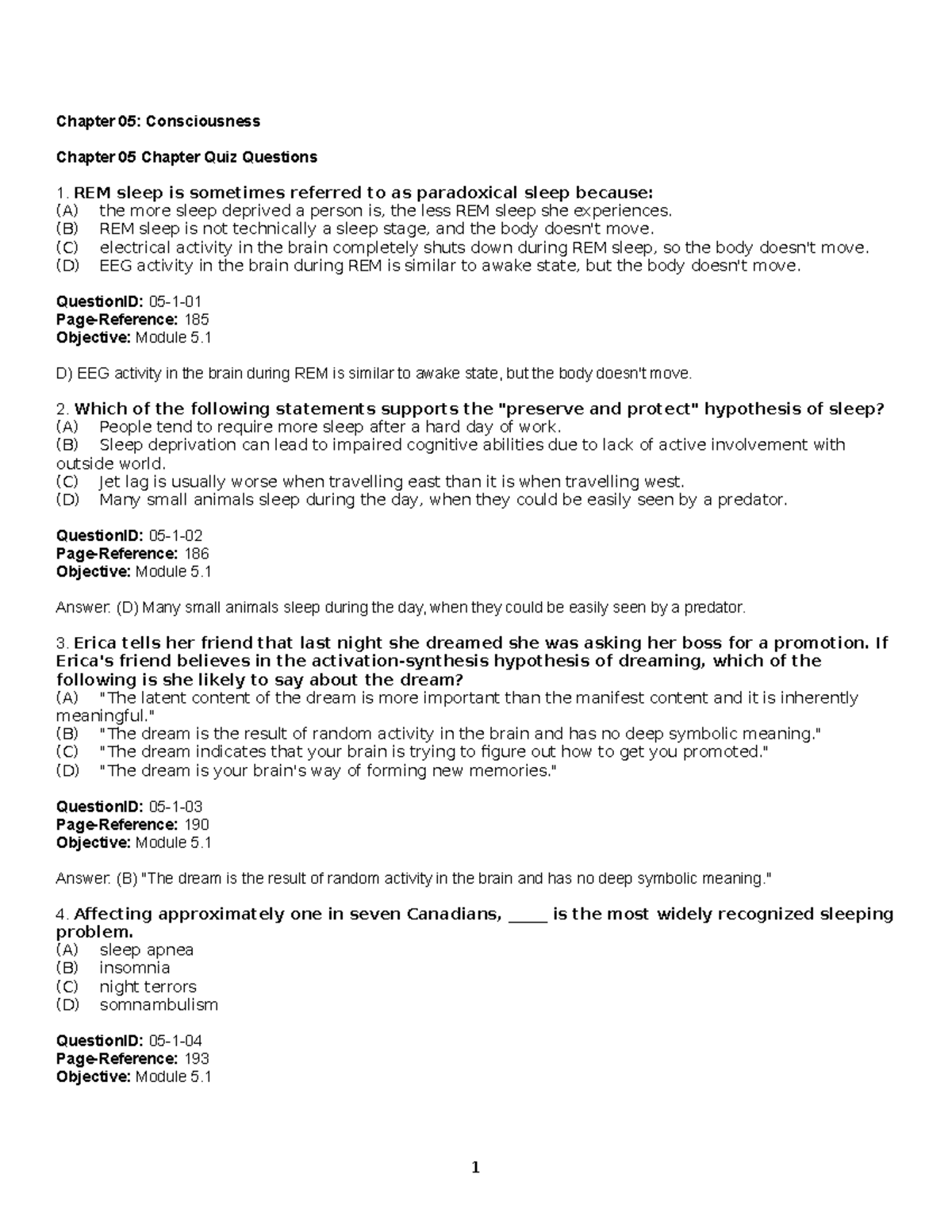 Chapter 05 Quiz & Key Concepts on Consciousness and Sleep - Studocu