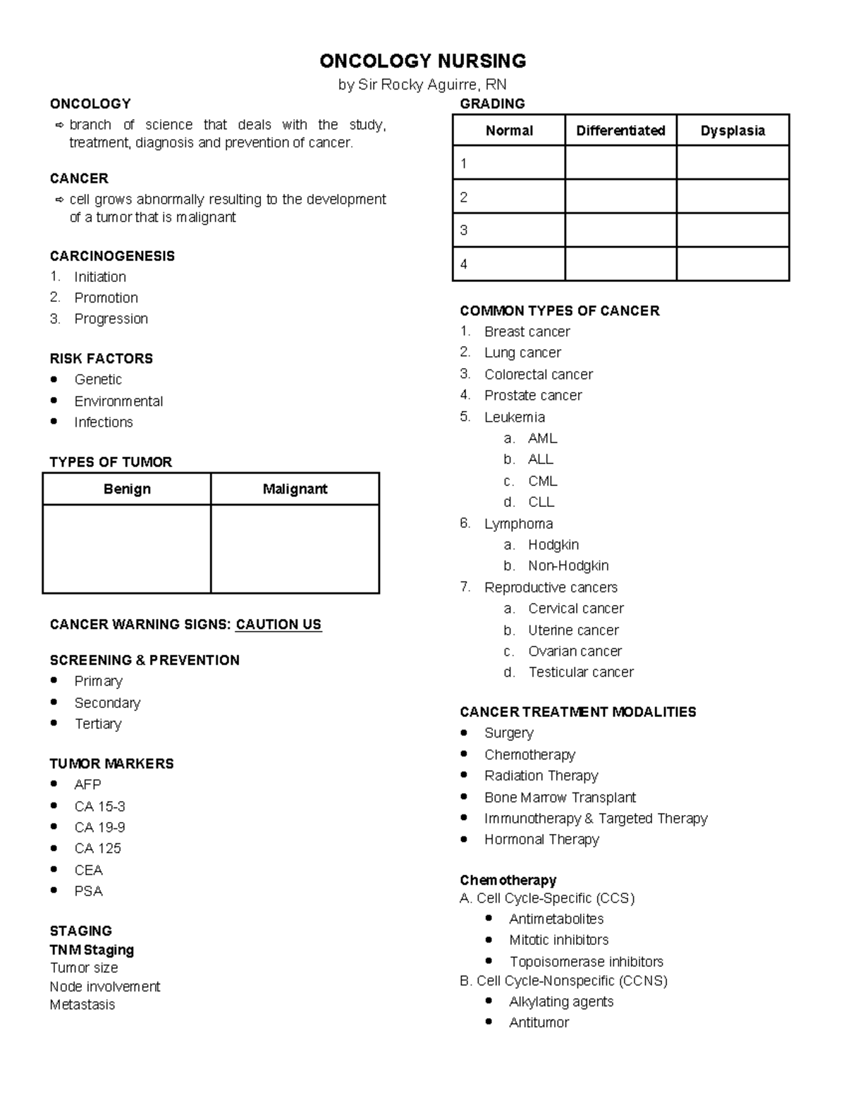 ONCO 101: Oncology Nursing Notes and Cancer Overview - Studocu