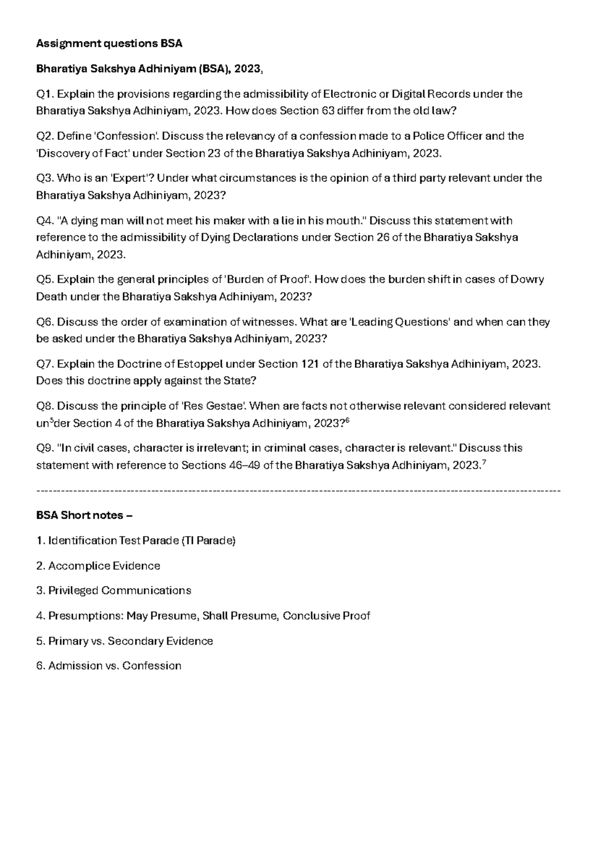 Assignment Questions - LLB Sem VI: Bharatiya Sakshya Adhiniyam ...