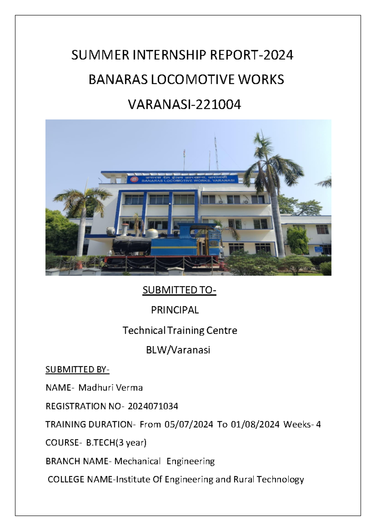 Summer Internship Report at BLW - Varanasi 2024 - Studocu