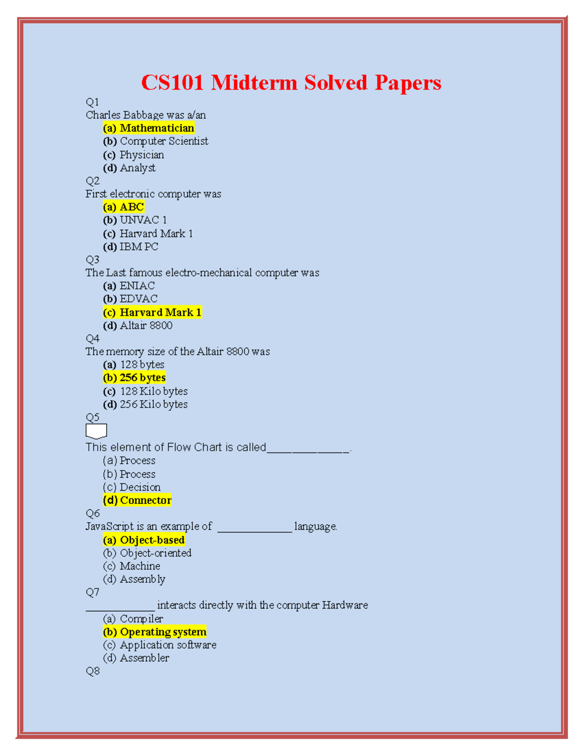 CS101 Midterm Solved Paper with Reference - CS101 Midterm Solved Papers Q Charles Babbage was a ...