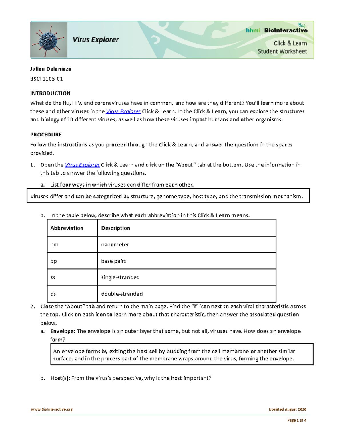 Virus explorer worksheet - Julian Delamaza BSCI 1105- INTRODUCTION What ...