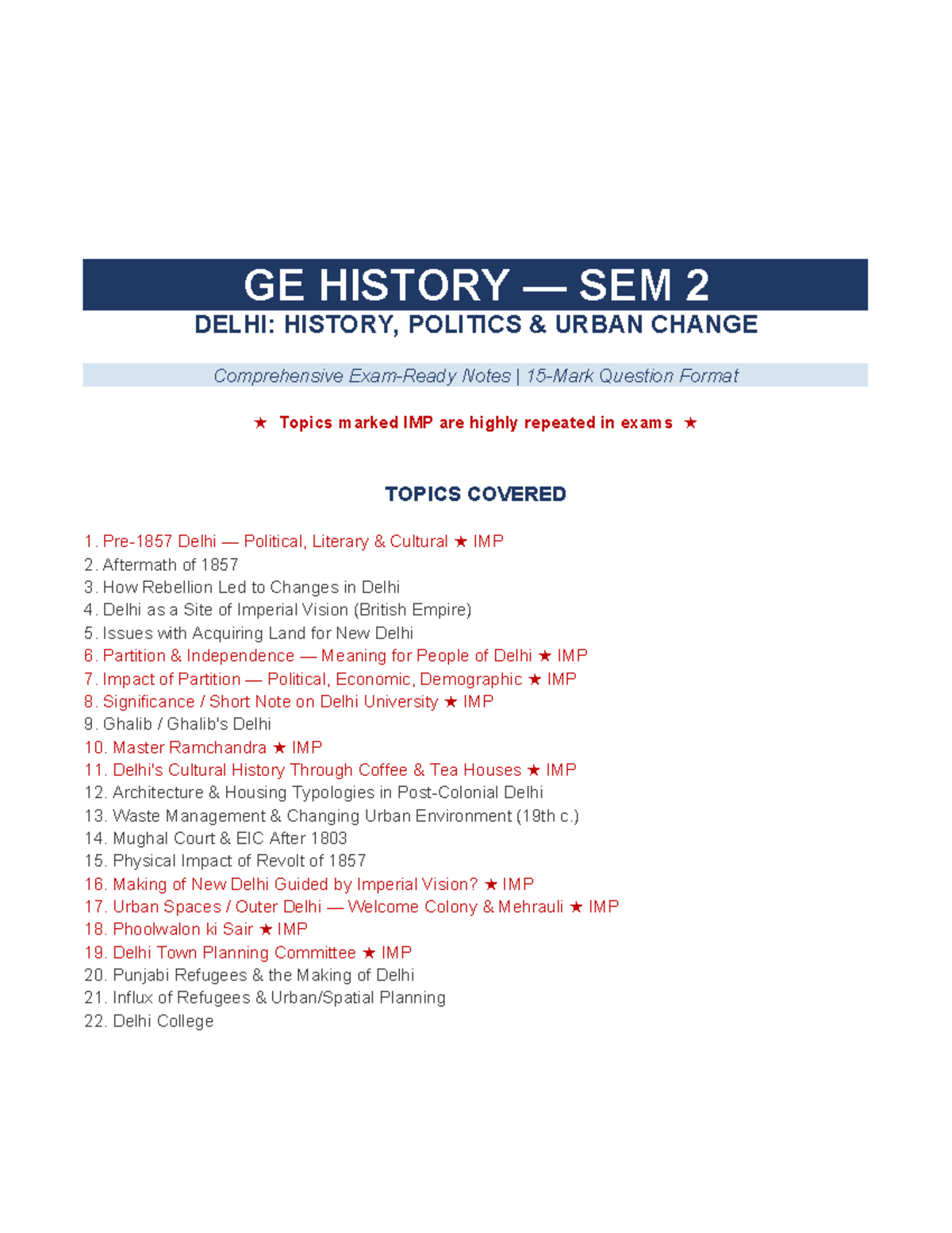GE HISTORY SEM 2 DELHI: Comprehensive Notes on Politics, Culture ...