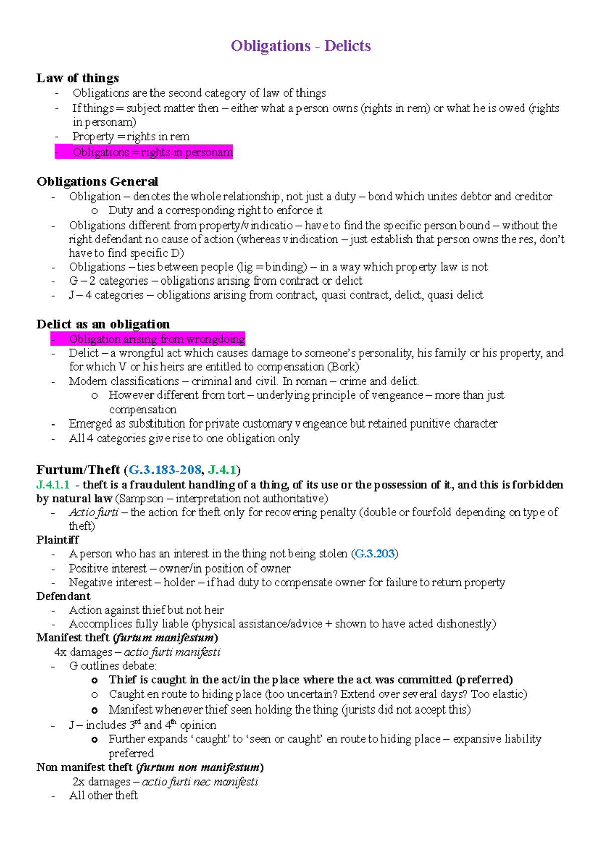 Delicts Revision Notes for Law of Things (LW103) - Studocu
