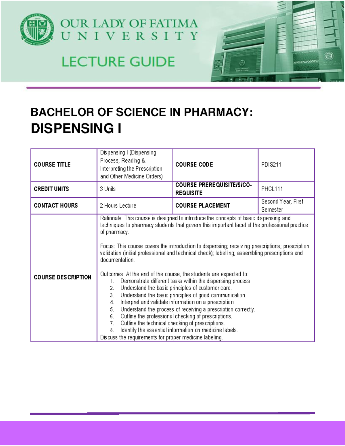 Lecture Guide for PDIS211: Dispensing I Course Overview - Studocu