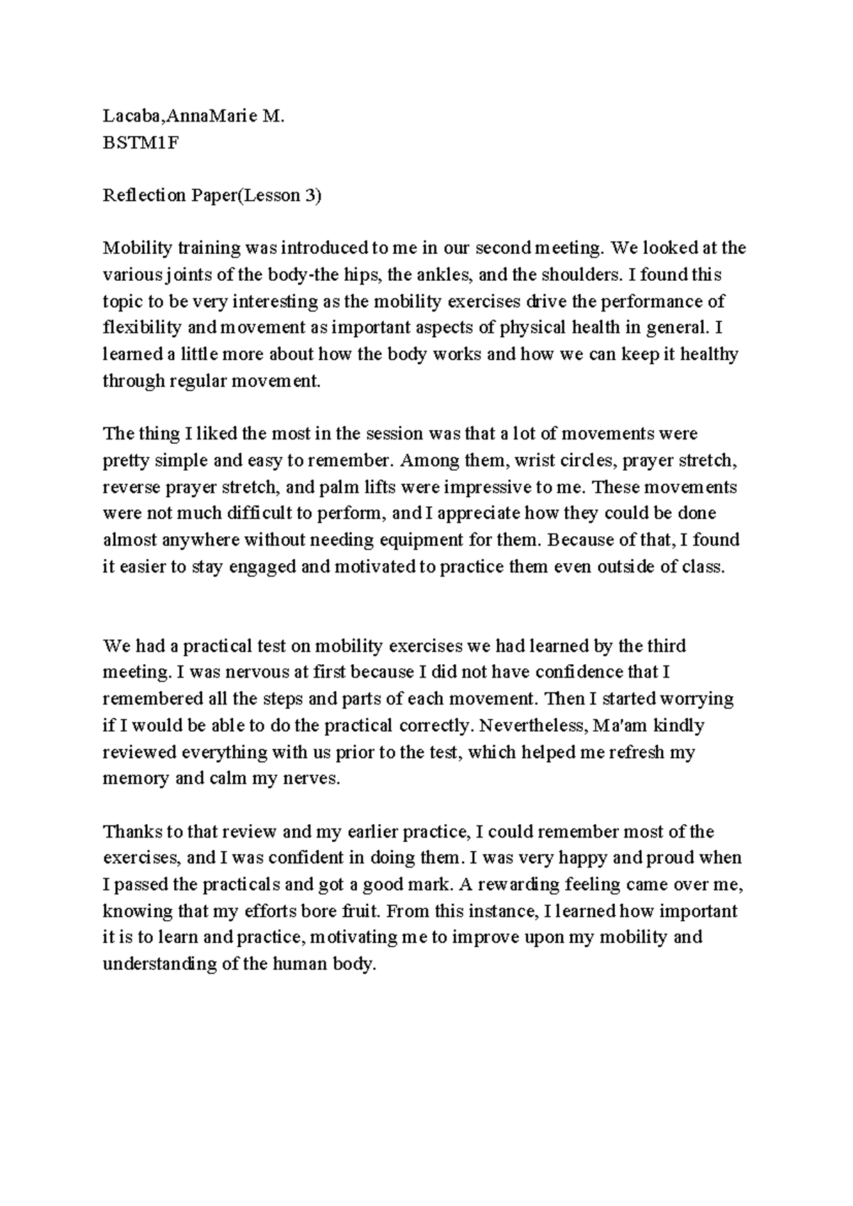 BSTM1F Reflection Paper on Mobility Training (Lesson 3) - Studocu