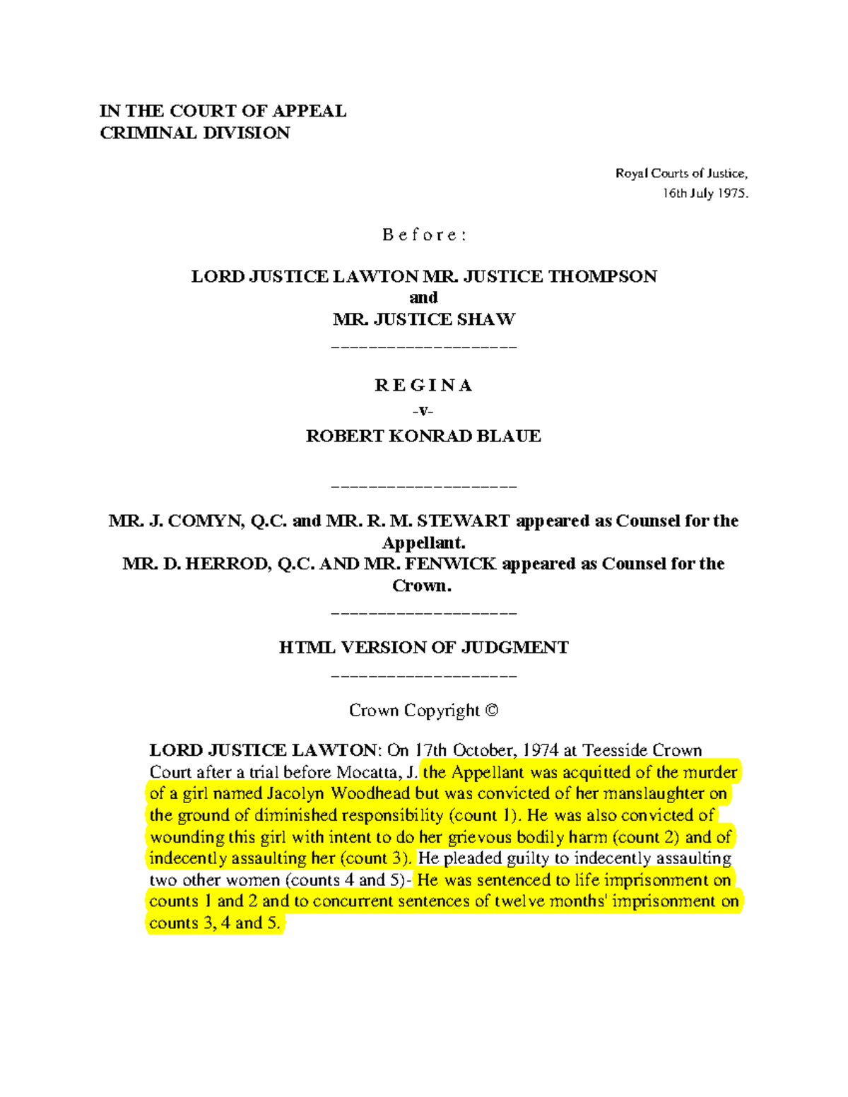 R E G I N A -v ROBERT KONRAD BLAUE criminal law case - Criminal ...