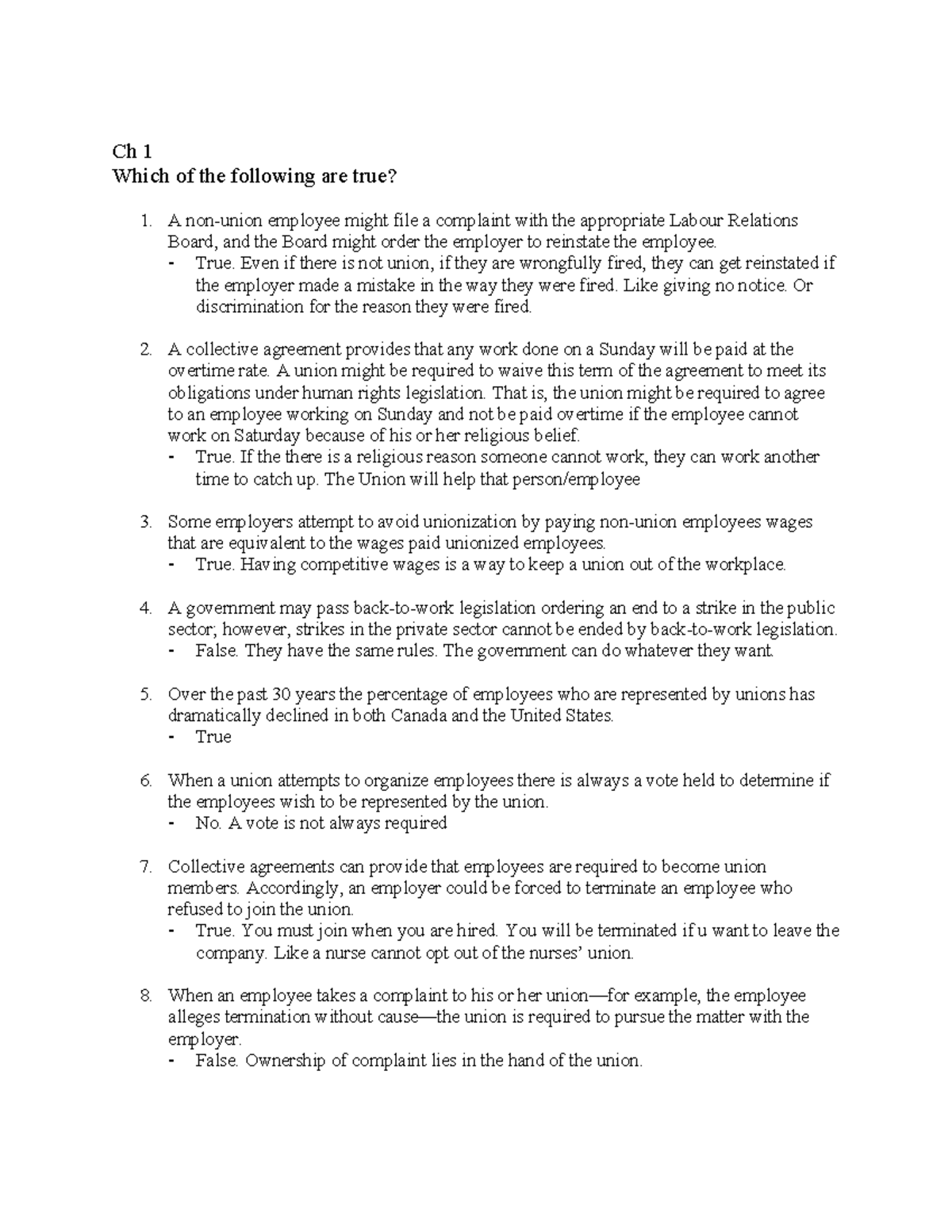 Ch 1-4 Class Discussion: True or False Statements on Labour Relations ...
