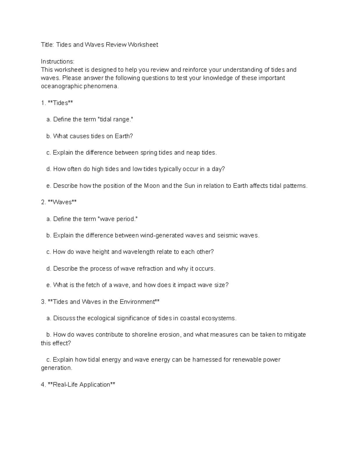 Sample Worksheet - Title: Tides and Waves Review Worksheet Instructions ...