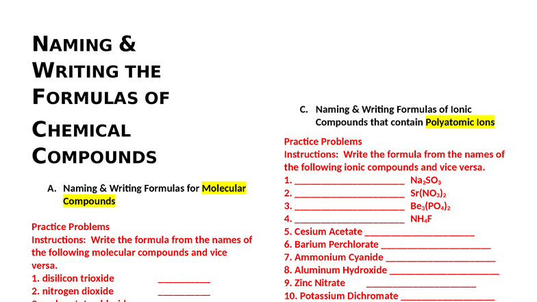 CHEM 101: Naming & Writing Formulas of Chemical Compounds - Studocu