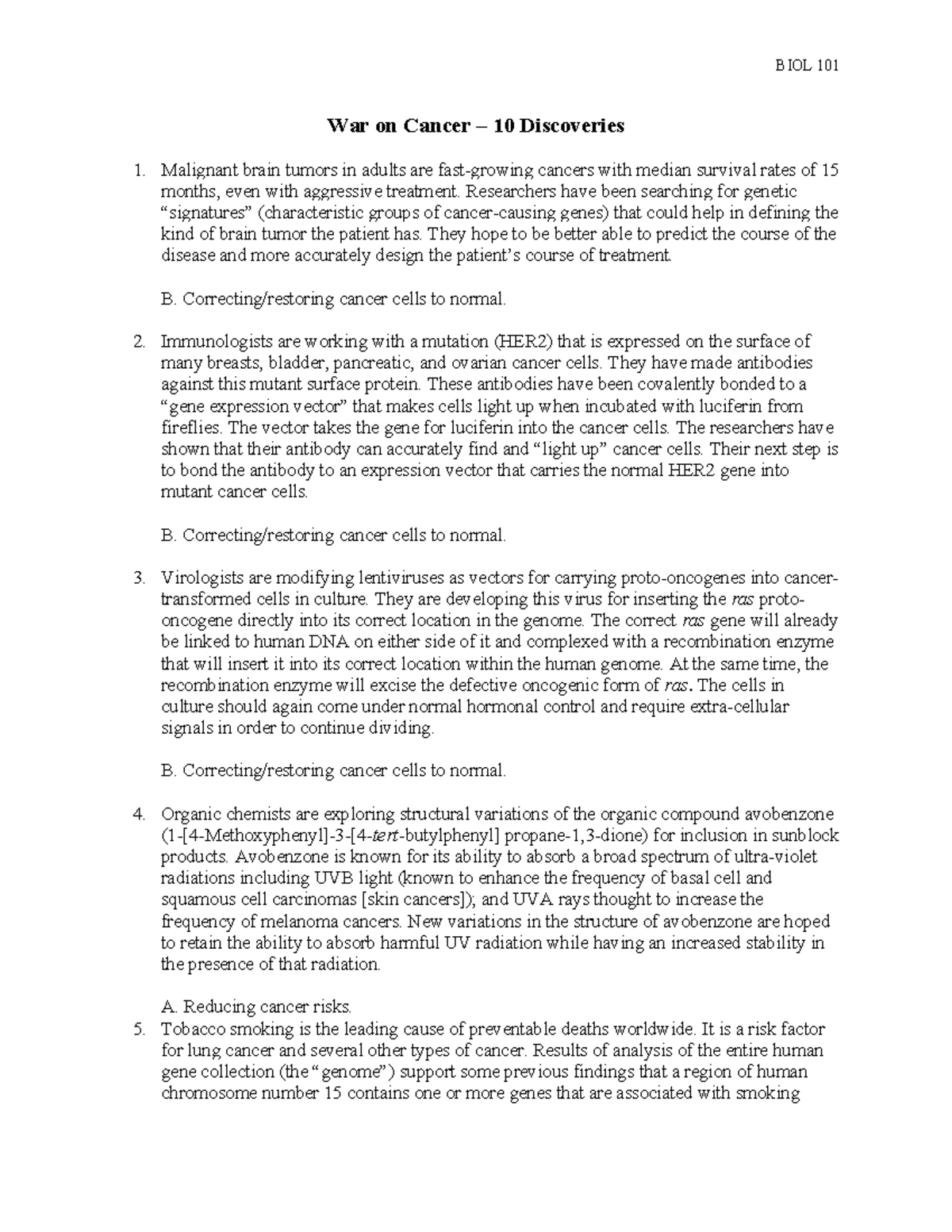 BIOL101 Final Exam Highlights: 10 Discoveries in War on Cancer - Studocu