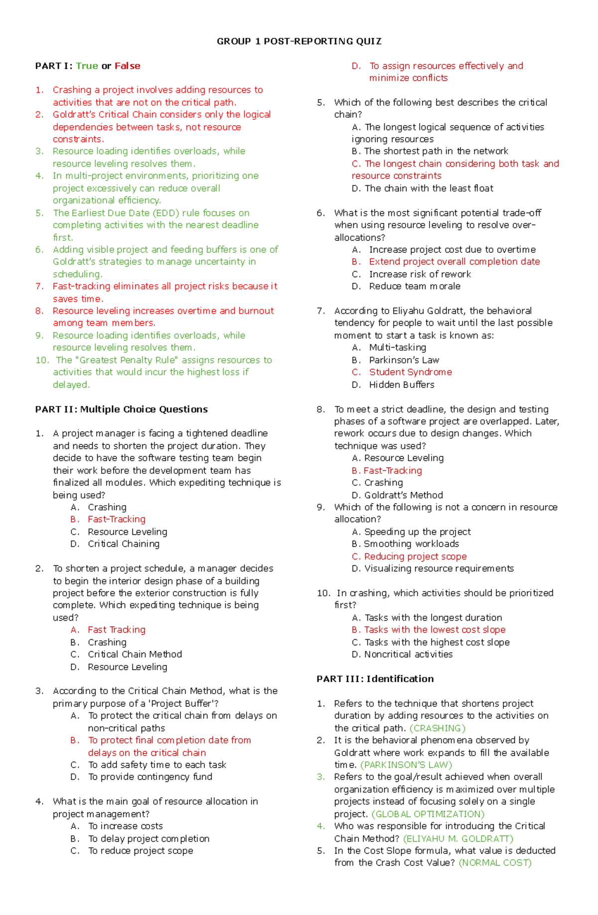 Group 1 POST-TEST: Quiz on Project Management Techniques - Studocu