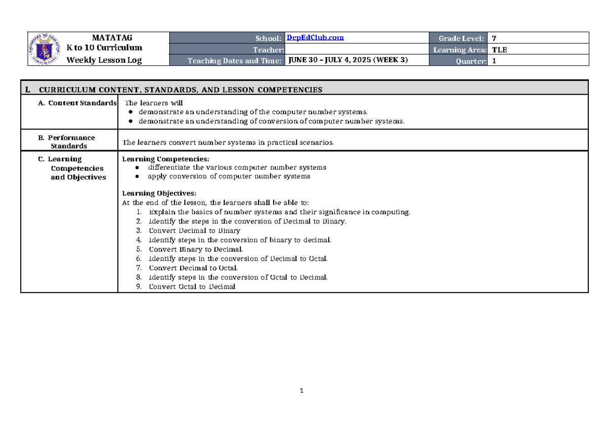 TLE 7 Q1 W3 - Weekly Lesson Log on Computer Number Systems - Studocu
