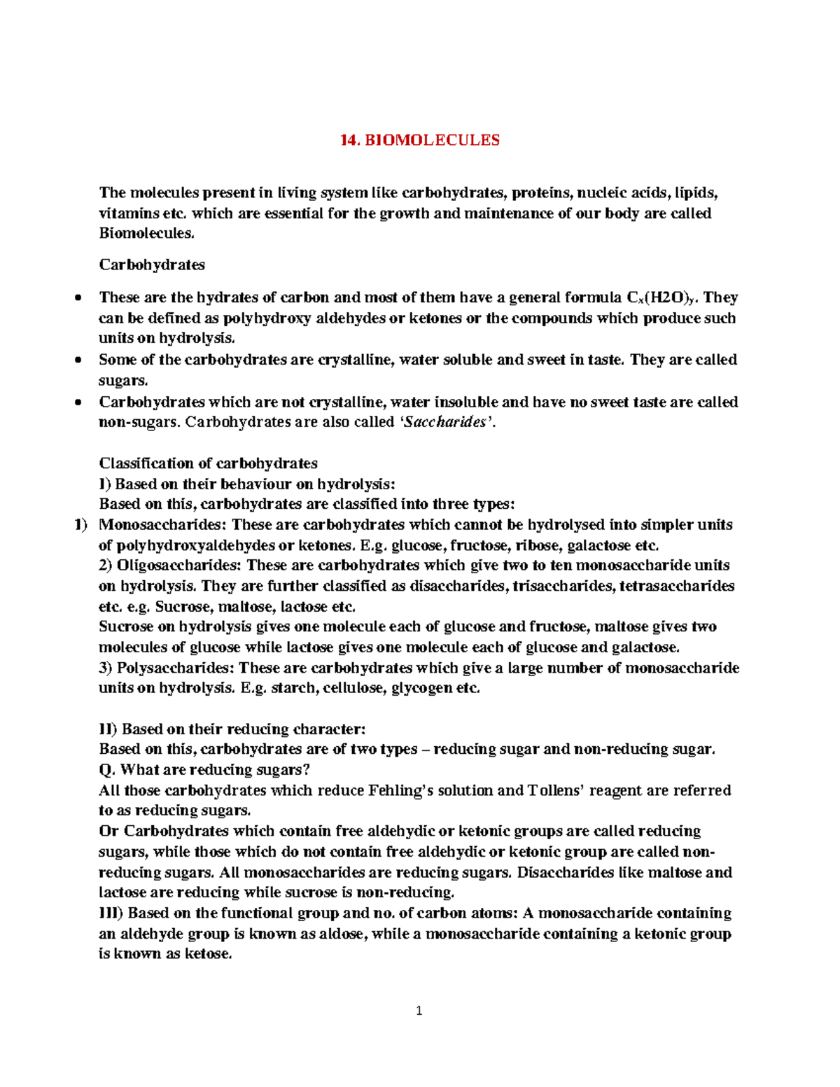 14. Biomolecules - Chapter 14 Notes on Carbs, Proteins, and Nucleic ...